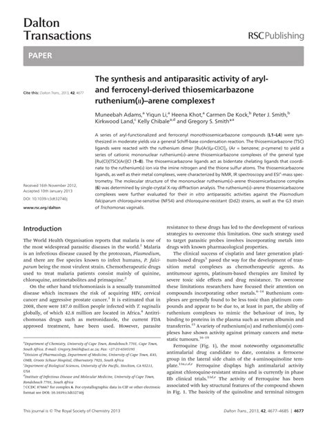 Pdf The Synthesis And Antiparasitic Activity Of Aryl And Ferrocenyl Derived Thiosemicarbazone
