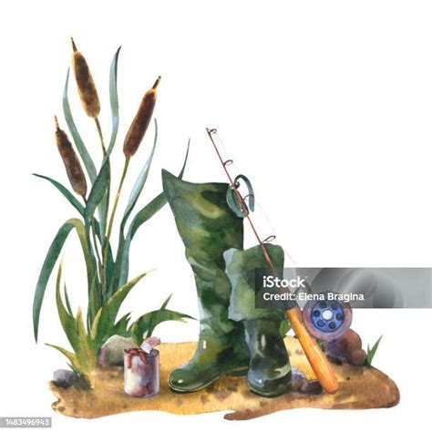 수채화 손으로 그리는 그림은 물고기 낚싯대 릴 도랑 고무 장화 자갈이 있는 모래 위에 벌레가 있는 깡통이 있는 철 소박한 양동이 흰색 배경에 격리되어 있습니다 갈대속 벼과에