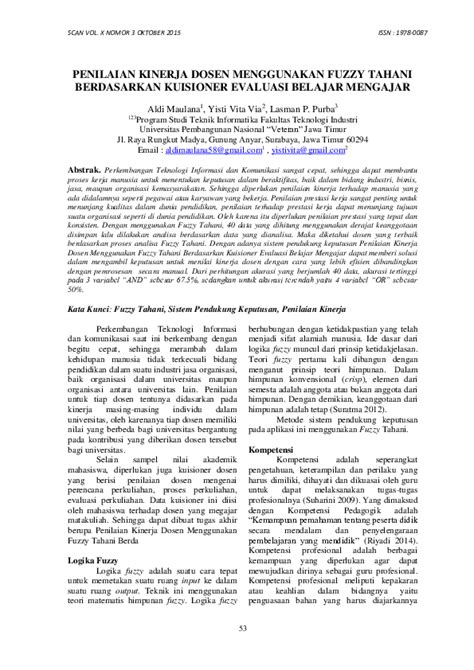Pdf Penilaian Kinerja Dosen Menggunakan Fuzzy Tahani Berdasarkan Kuisioner Evaluasi Belajar