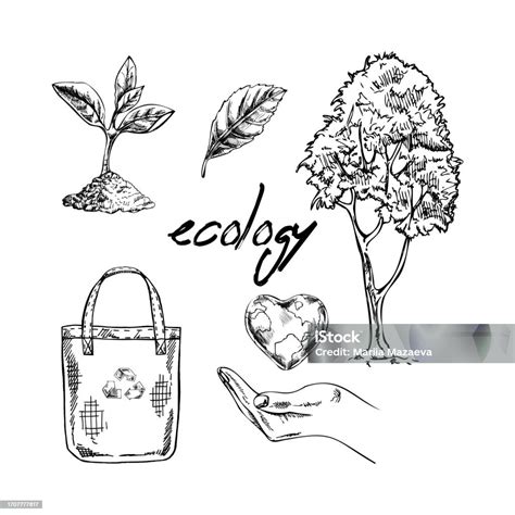 손으로 그린 에코 가방 새싹 하트 모양의 행성 지구를 빈 손 나무에 그린 스케치 모음 벡터 그림입니다 낙서 원예 요소 생태학