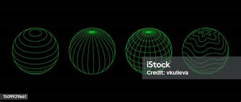 Neon Green Wireframe Spheres Collection 3d Outline Globes With Different Grid Patterns Geometric
