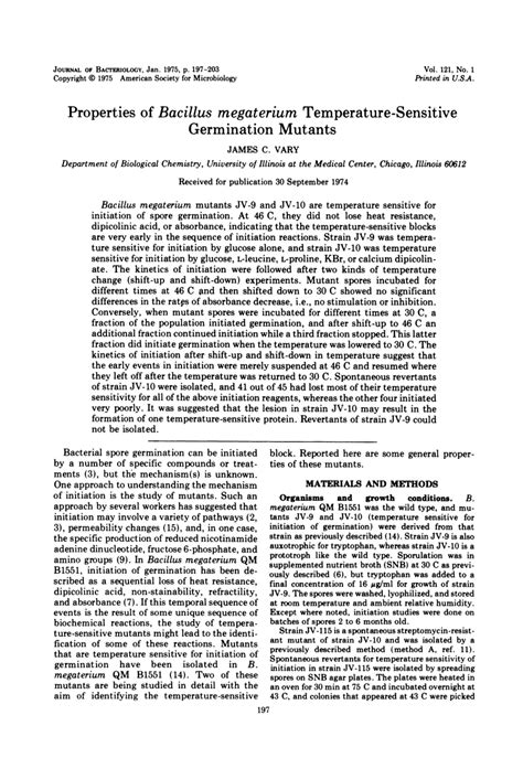 Pdf Properties Of Bacillus Megaterium Temperature Sensitive Germination Mutants