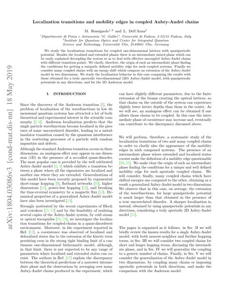 Pdf Localization Transitions And Mobility Edges In Coupled Aubry Andr E Chains
