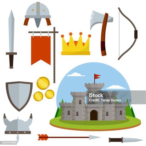 중세 아이템 세트 타워 방패 칼 붉은 깃발 토너먼트 화살표 활 떨림 바이킹의 헬멧유럽 성 역사적 주제 만화 평면 일러스트 오래된