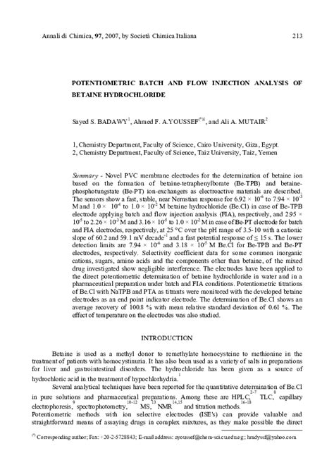Pdf Potentiometric Batch And Flow Injection Analysis Of Betaine Hydrochloride