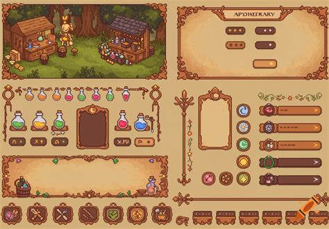 A Retro Pixel Art RPG Game Menu Interface Kit Featuring Market Stalls Potions Buttons Borders