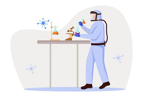보호 정장 플랫 벡터 일러스트의 과학자 의학 화학을 공부 위험한 실험을 수행 남자는 흰색 배경에 화학 물질 고립 만화 캐릭터와 함께 작동 Dna에 대한 스톡 벡터 아트 및