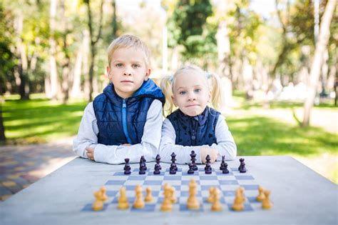 주제 어린이 학습 논리적 개발 마음과 수학 오산 전진 이동 합니다 큰 가족 형제와 여동생 백인 남자와 소녀는 체스 파크 밝은 맑은 날씨가을 재생 가을에 대한 스톡 사진 및
