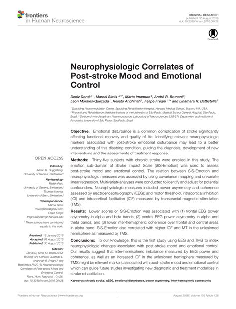 Pdf Neurophysiologic Correlates Of Post Stroke Mood And Emotional Control
