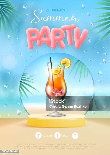 3d 무대와 데킬라 일출 칵테일이 있는 여름 디스코 파티 포스터 화려한 여름 해변 장면입니다 벡터 그림 3차원 형태에 대한 스톡 벡터 아트 및 기타 이미지 Istock