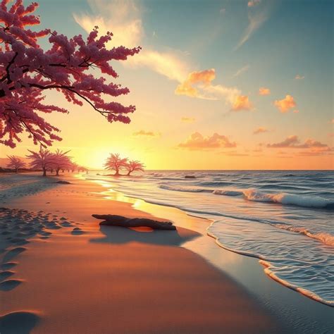 Sakura Beach Sakura Beach At Sunset In Vibrant Digital St