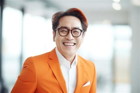 Premium Ai Image Asian Middle Age Business Man In Orange Suit With