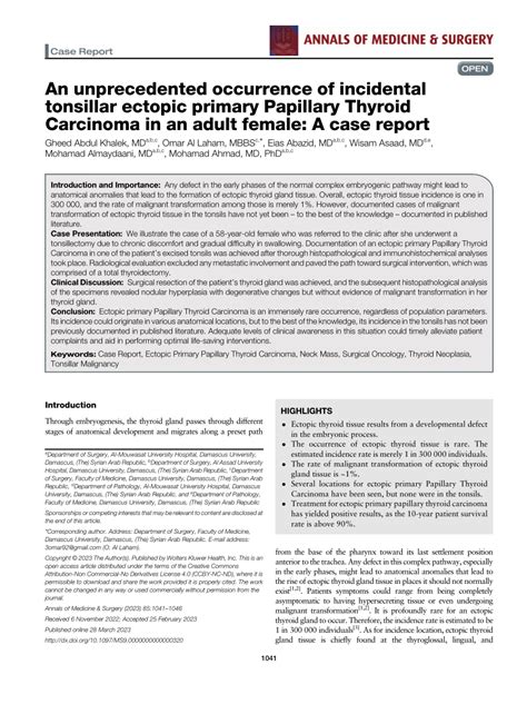 Pdf An Unprecedented Occurrence Of Incidental Tonsillar Ectopic Primary Papillary Thyroid