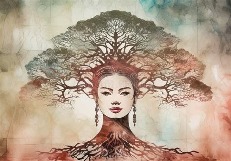 Double Exposure Of Abstract Human Face And Big Old Tree Stock