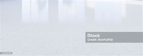 흰색 그리드 라인과 시야에 선명한 유리 도어가있는 반짝이는 반사가있는 테라초 바닥의 3d 렌더링 깨끗하고 배경에 새로운 조건 사용 0명에 대한 스톡 사진 및 기타 이미지