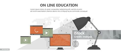 교육 훈련 라인 자습서 E학습 개념 아이콘으로 화면에 선 훈련 비디오와 함께 노트북 평면 벡터 일러스트입니다 전자 학습에 대한 스톡 벡터 아트 및 기타 이미지 Istock