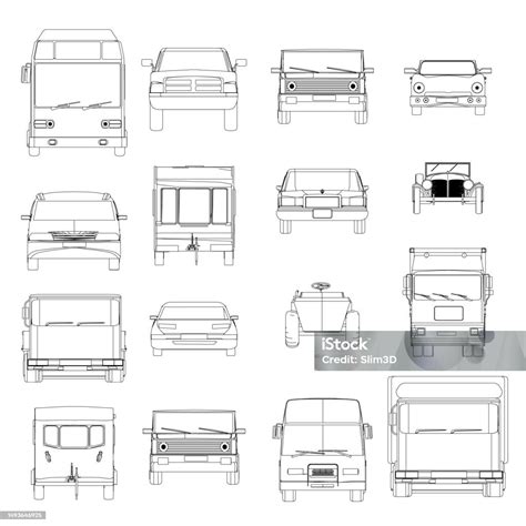 흰색 배경에 분리된 검은색 선에서 다양한 자동차의 윤곽을 설정합니다 정면도 벡터 그림입니다 드로잉에 대한 스톡 벡터 아트 및