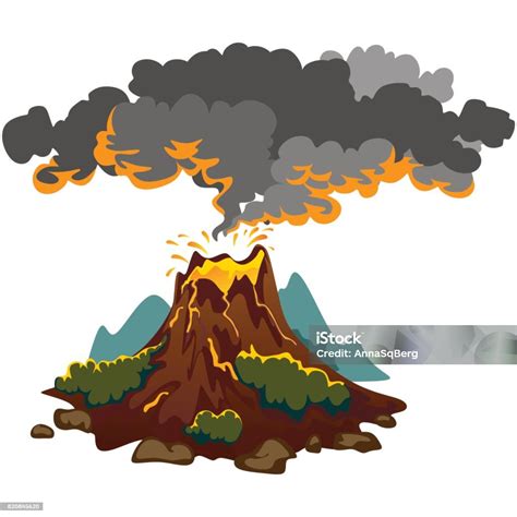 화산 분화 한 자 정도의 변화 또는 위험한 벌 컨 마그마 화산재와 화산 용암 산 벡터 일러스트 레이 션 아래로 흐르는 연기 비행기에서 인사를 깨우기의 집합 Active