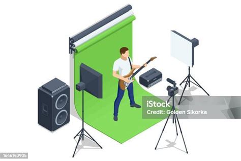 아이소메트릭 사실적인 일렉트릭 기타 일렉트릭 기타를 연주하는 남자와 일렉트릭 기타를 연주하는 방법 실내의 삼각대에 있는 카메라