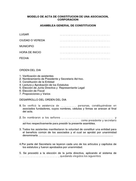Modelo De Acta De Constitucion De Una Asociacion Pdf Constitución