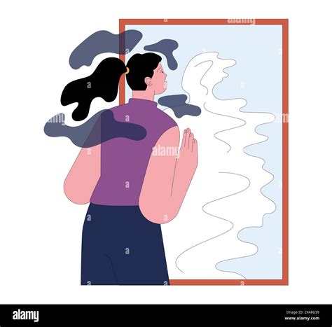 Fear Of Loosing Identity Terrified Young Woman Looking To A Mirror Without Her Reflection