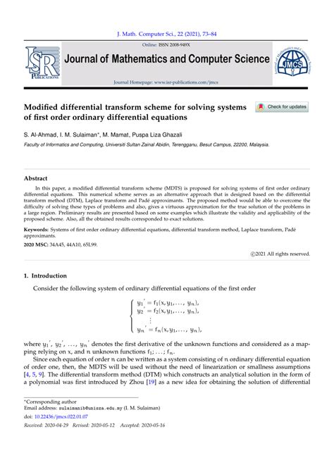 Pdf Modified Differential Transform Scheme For Solving Systems Of First Order Ordinary
