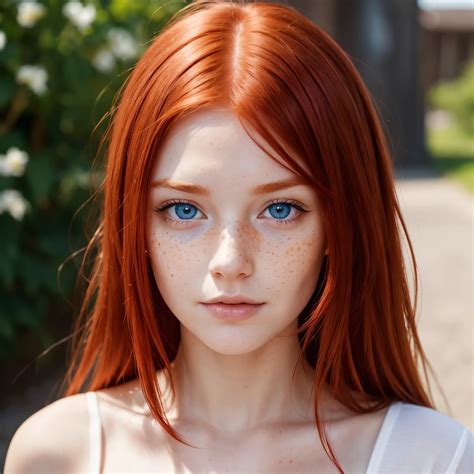 Redhead Haired Woman With Freckles And Blue Eyes Posing For A Picture