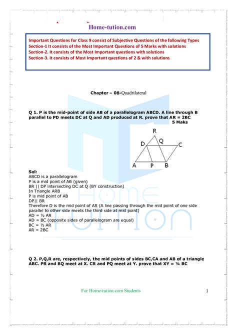 Important Questions For Class 9 Maths Chapter 8 Quadrilaterals With Solutions