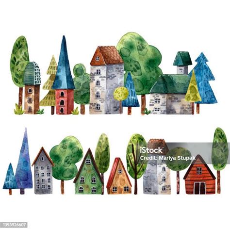 수채화 풍경 카드 귀여운 시골지도 관광지도 손으로 그린 만화 스타일의 일러스트레이션 마법의 풍경 코티지와 도로 단순히 드로잉 스타일 귀여운 집과 나무 야외 산책 0명에 대한