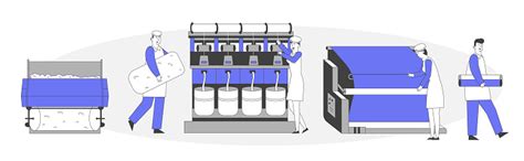 현대 섬유 공장 원사 생산을위한 자동화 된 기계 큰 샤프트에 나사 양모 섬유 포장 기계의 제조 식물 기계 장비 만화 평면 벡터 일러스트 라인 아트 산업에 대한 스톡 벡터