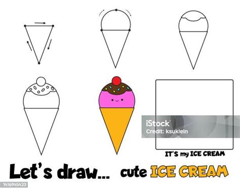 어린이를위한 그리기 자습서 아이들을위한 인쇄 가능한 창조적 인 활동 아이스크림을 단계별로 그리는 법 드로잉에 대한 스톡 벡터