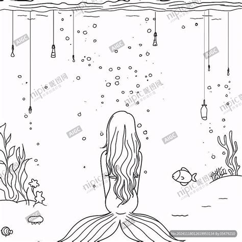 Ai创作图简约美人鱼简笔画 渔女线描 美人鱼背影 人鱼美女背影 渔女线稿 女孩黑白线条图 手绘在水里的漫画女孩 孤独的灵魂插画 简约美人鱼插画 线条画女生 女孩摸鱼插画 孤独感插画 小女孩的