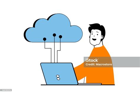 플랫 웹 디자인에서 사람들 장면이 있는 클라우드 컴퓨팅 개념입니다 노트북에서 백업 전송 및 다운로드 파일을 사용하여 데이터를 처리하는 사람 소셜 미디어 배너 마케팅 자료에