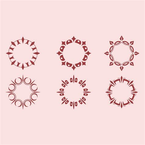 Six Circular Maroon Decorative Emblems With Geometric Patterns On A