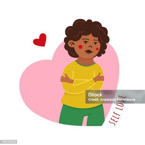 자기 사랑 흑인 여성 벡터 일러스트 웃는 여자는 심장 모양으로 자신을 껴안습니다 보디 케어 와 셀프 러브 디자인 컨셉 디자인