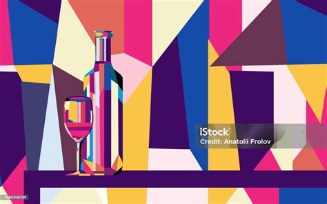벡터 일러스트 레이 션 다채로운 밝은 와인 병과 와인 또는 알코올 음료 한 잔 와인에 대한 스톡 벡터 아트 및 기타 이미지 와인 예술 창의력 Istock