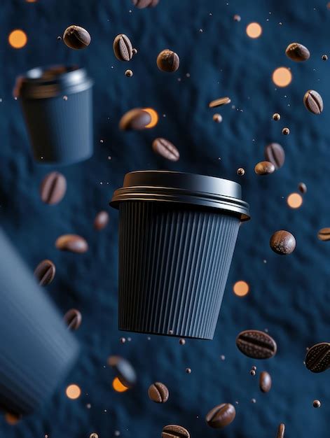 Floating Coffee Cups And Beans Against A Dark Blue Background With Glowing Lights Premium Ai