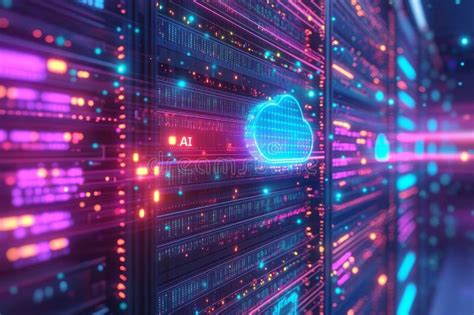 Cloud Computing Data Storage And Ai Concept Server Room With Glowing Cloud Icon And Data