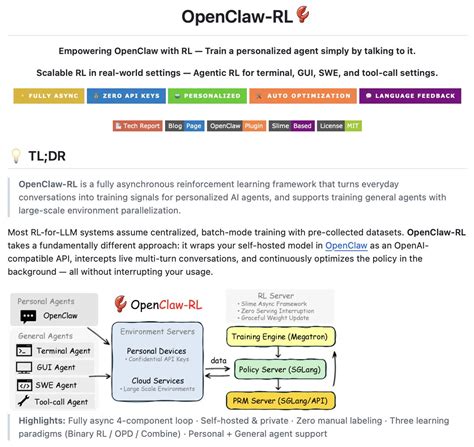 Openclaw Rl Llm Based Agent 的在线强化学习框架，把用户对话中的不满、重问、纠正、满意等自然反馈，自动转化为 Rl
