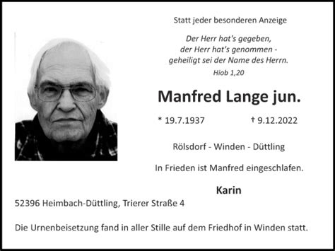 Traueranzeigen Von Manfred Lange Aachen Gedenkt