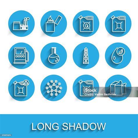 세트 라인 에코 연료 캐니스터 분자 오일 석유 산업 공장 건물 모터 기계용 캐니스터 휘발유 시험관 바이오 및 불 아이콘이 있는 장비 벡터 0명에 대한 스톡 벡터 아트 및