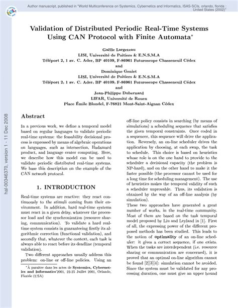 Pdf Validation Of Distributed Periodic Real Time Systems Using Can Protocol With Finite Automata