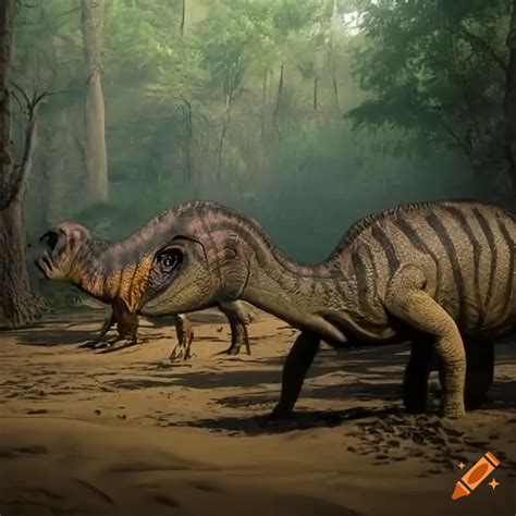 Striped Hadrosaurus Dinosaurs By A Forest Lake In Cold Morning Light On