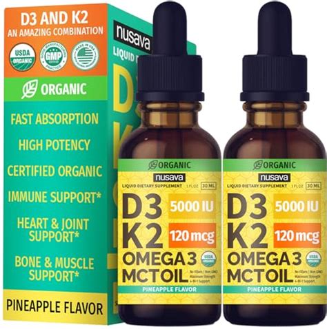 2 Pack Organic Vitamin D3 K2 Drops W Mct Oil Omega 3 5000 Iu