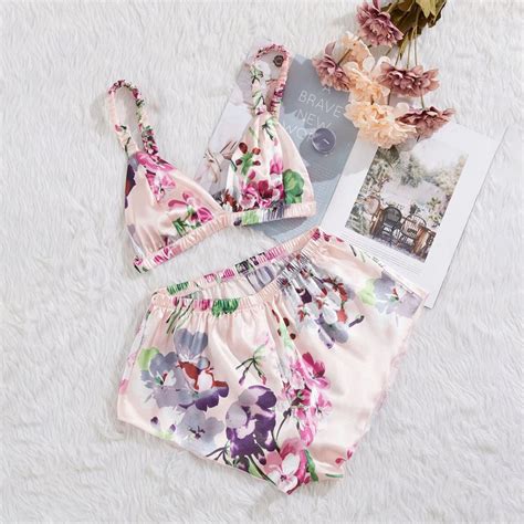 Badu Bg Дамски комплекти пижами от сатенена коприна с флорални принтове Къс комплект за сън