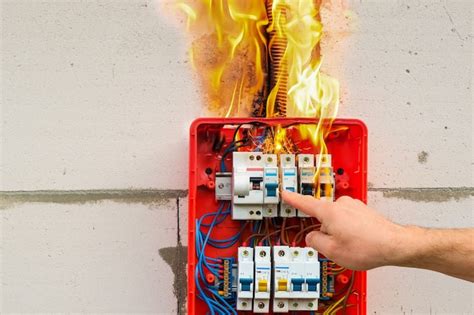 Premium Photo Male Hand Turns Off Burning Switchboard From Overload Or Short Circuit On Wall