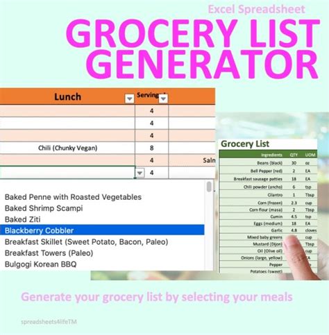 Meal Planner Excel Grocery List Generator