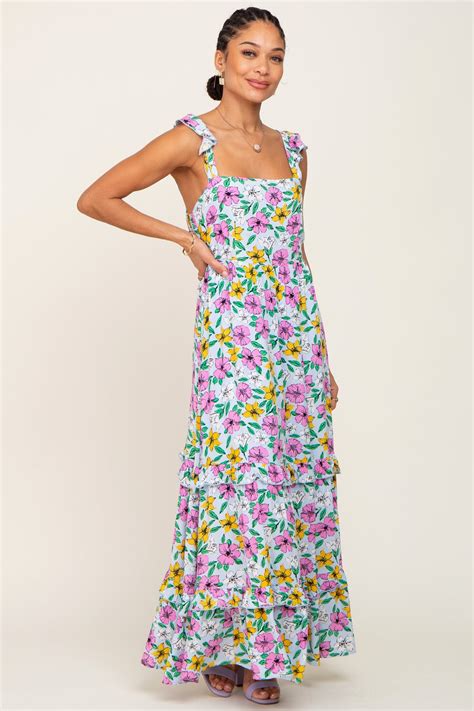 Light Blue Floral Ruffle Tier Maxi Dress Pinkblush