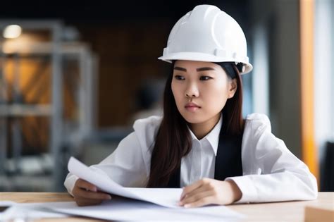 Premium Ai Image Engineer Woman White Business Asian Industrial Helmet Industry Smile Job