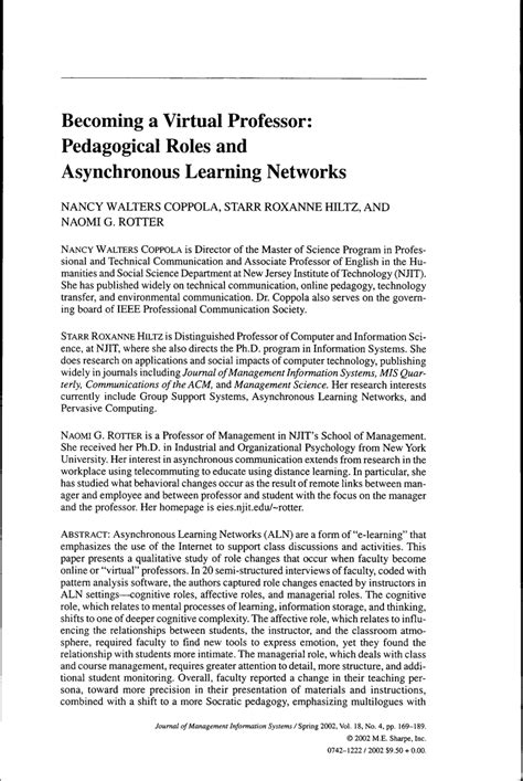 Pdf Becoming A Virtual Professor Pedagogical Roles And Asynchronous Learning Networks